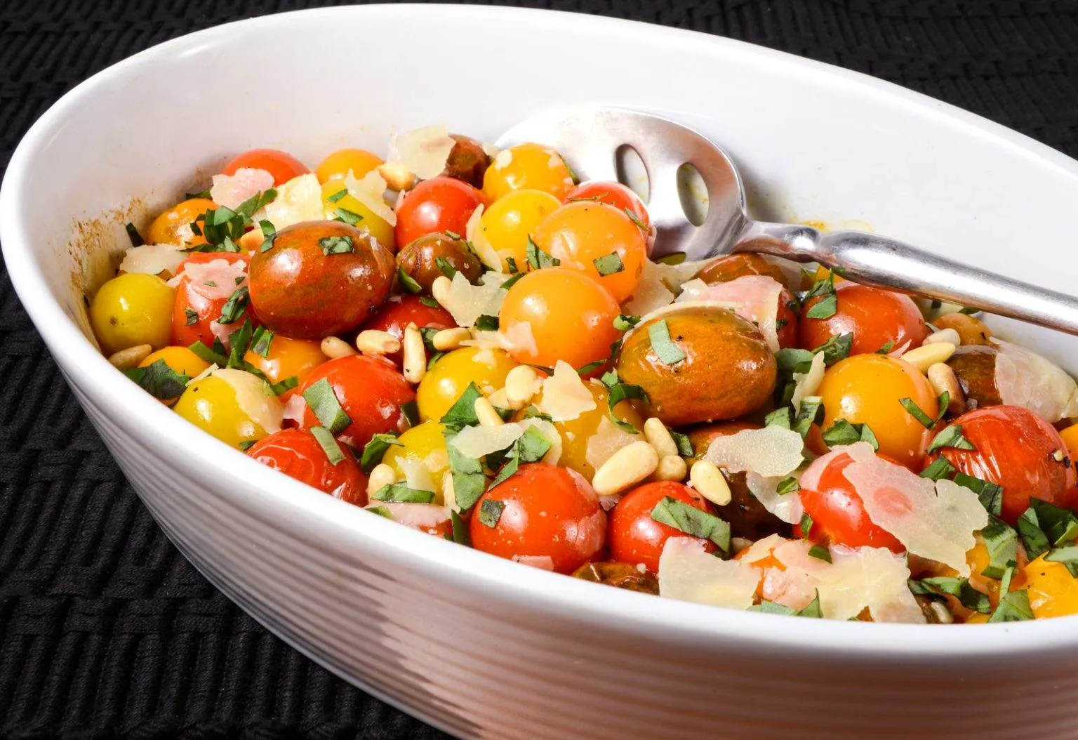 Roasted Baby Heirloom Tomatoes with Basil, Shaved Parmesan, and Toasted ...