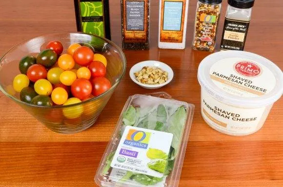 Roasted Baby Heirloom Tomatoes with Basil, Shaved Parmesan, and Toasted ...